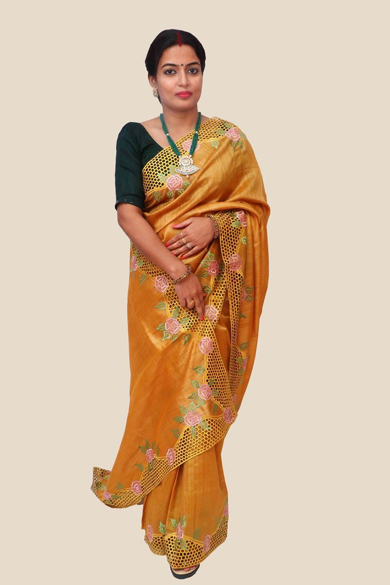 Bihar Khadi. ORANGE TUSSAR SILK CUT WORK FLORAL SAREE