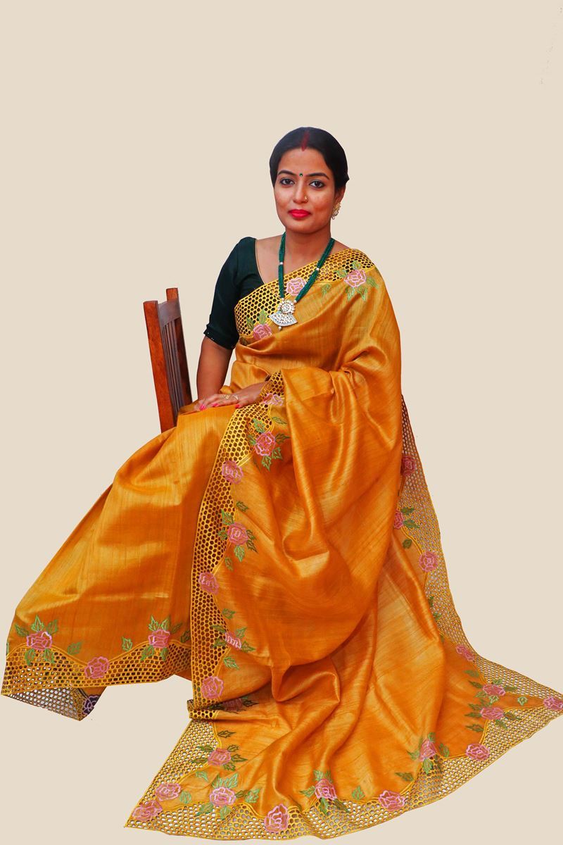 Bihar Khadi. ORANGE TUSSAR SILK CUT WORK FLORAL SAREE