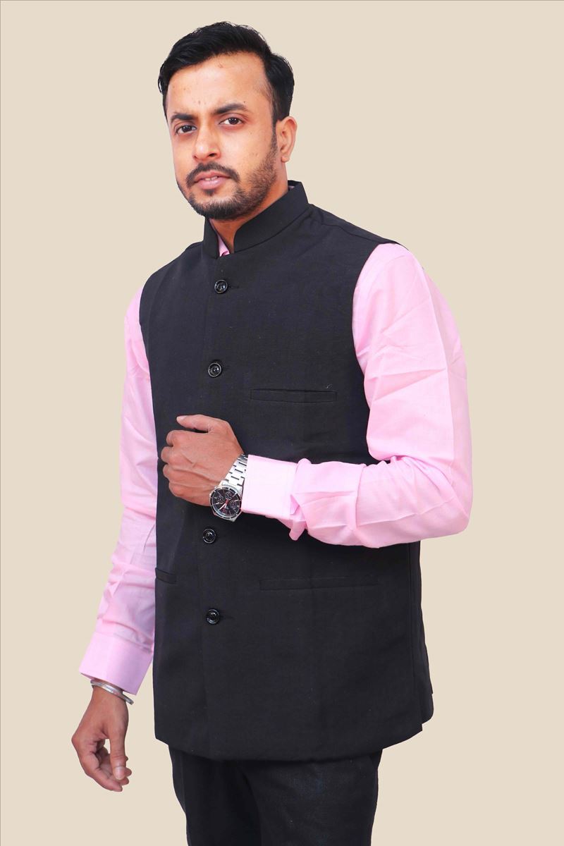 Bihar Khadi. Black Fine Cotton Plain Bandi for Men