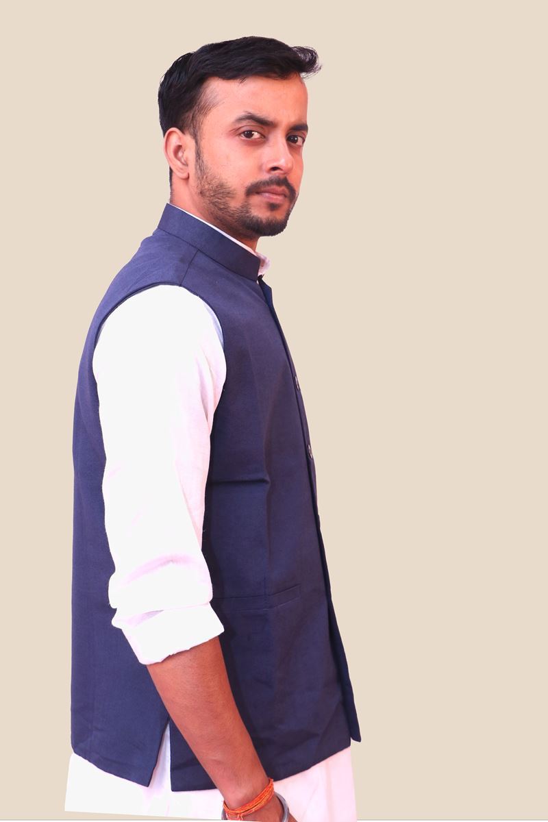 Bihar Khadi. Navy Blue Fine Cotton Plain Bandi for Men