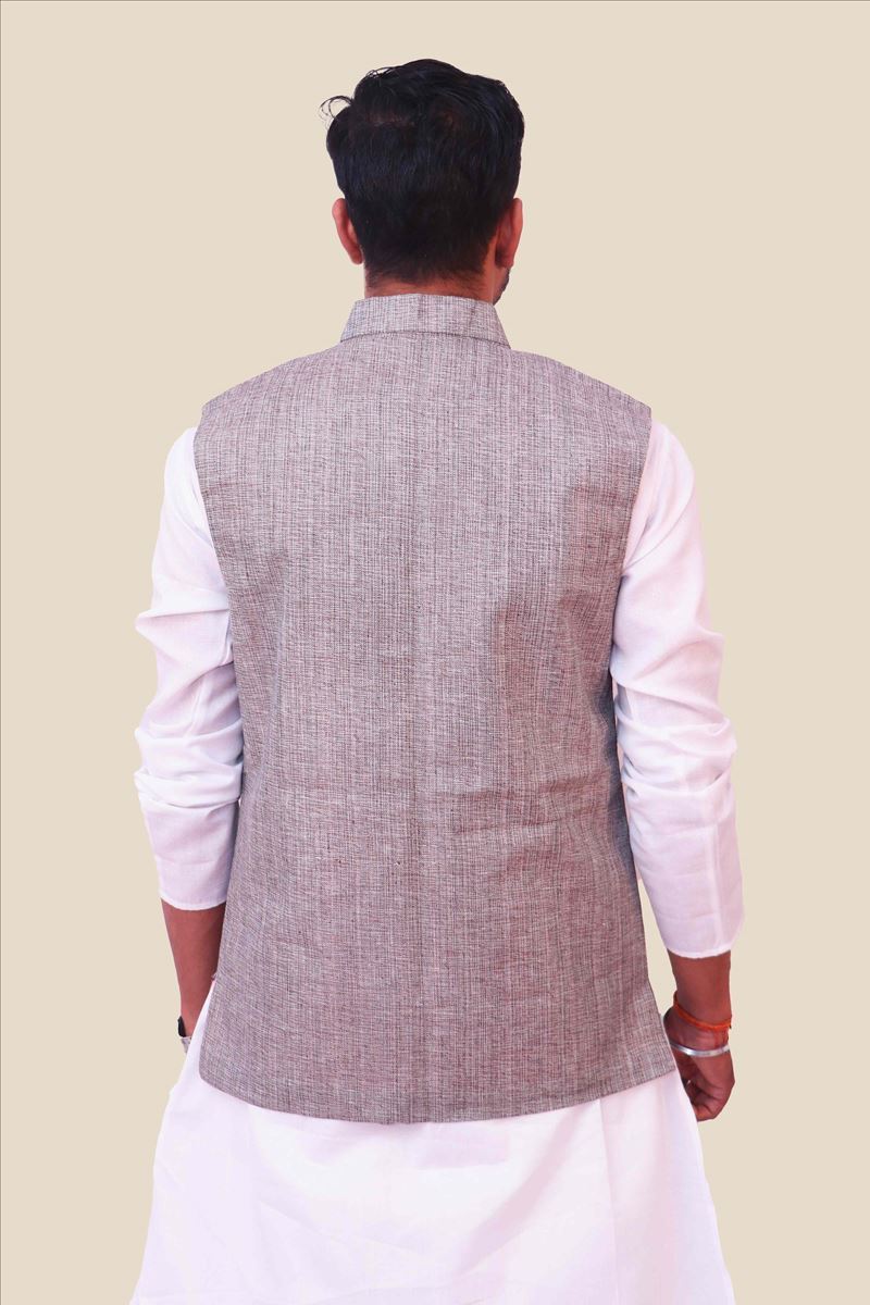 Bihar Khadi. Linen Natural Grey Solid Nehru Bandi for Men