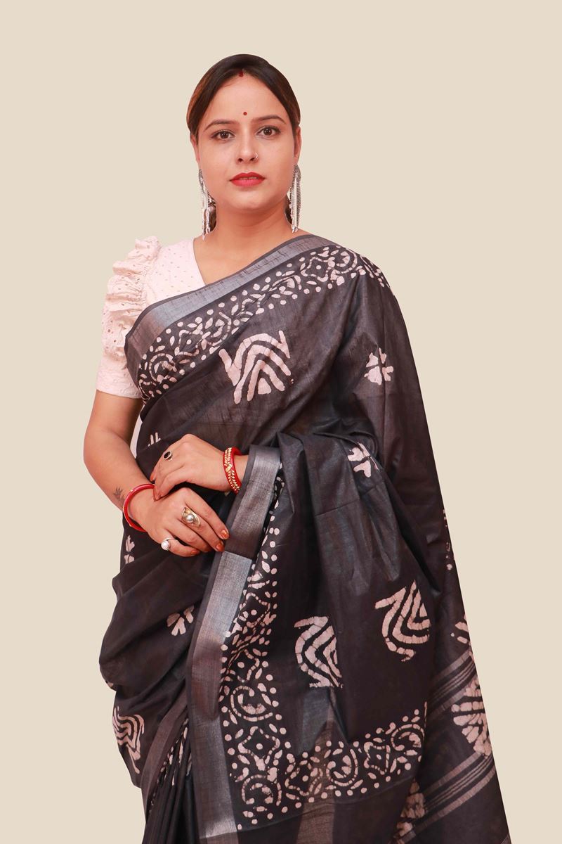 Bihar Khadi. Black Pure Silk Cotton Batik Saree