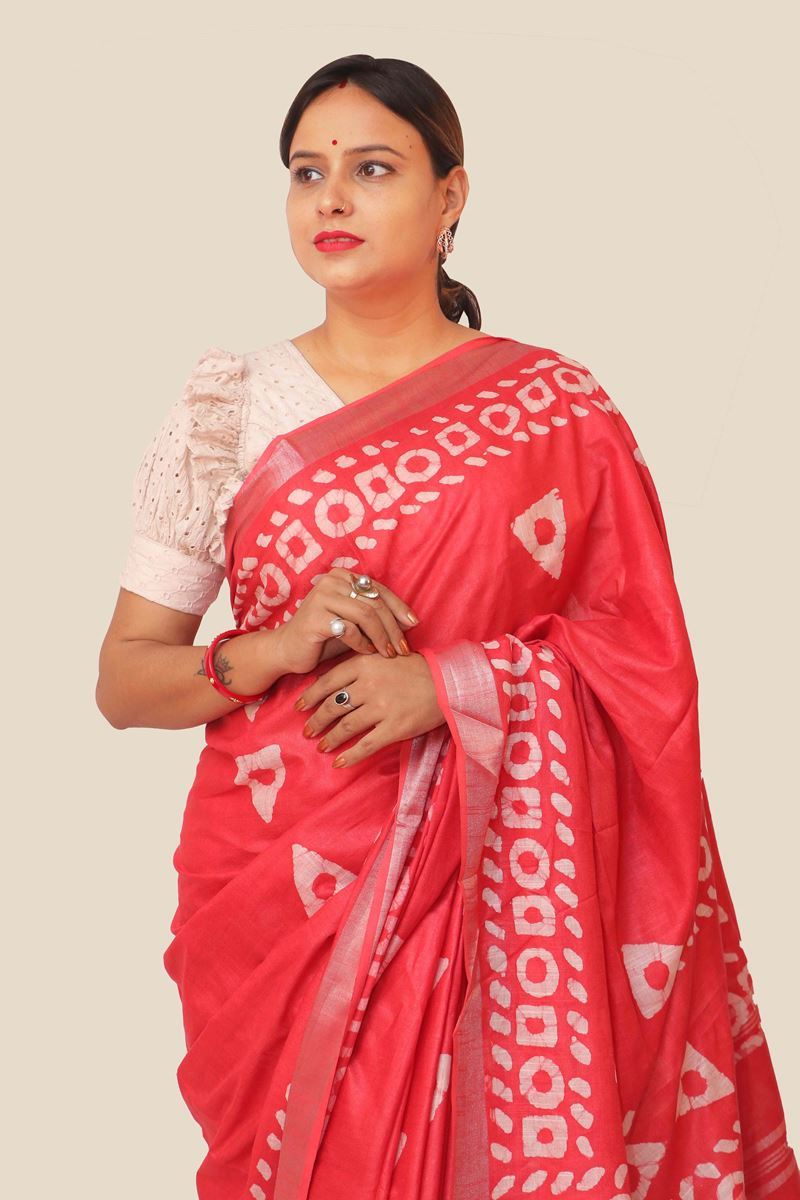 Bihar Khadi. Red Pure Silk Cotton Batik Saree