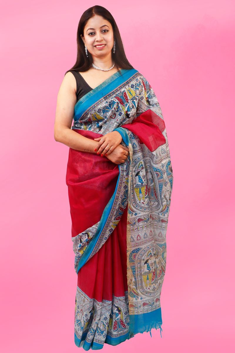 Bihar Khadi. MADHUBANI PAINTING PRINT KHADI SILK SAREE
