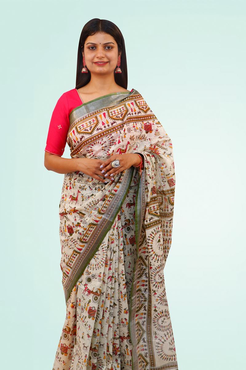 Bihar Khadi. Bihar Khadi Warli Print Cotton Saree in White Color