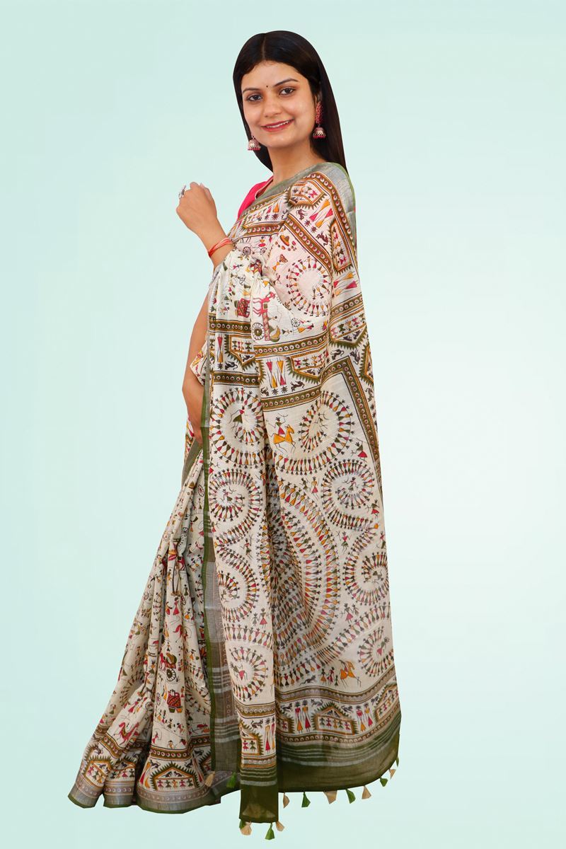Bihar Khadi. Bihar Khadi Warli Print Cotton Saree in White Color