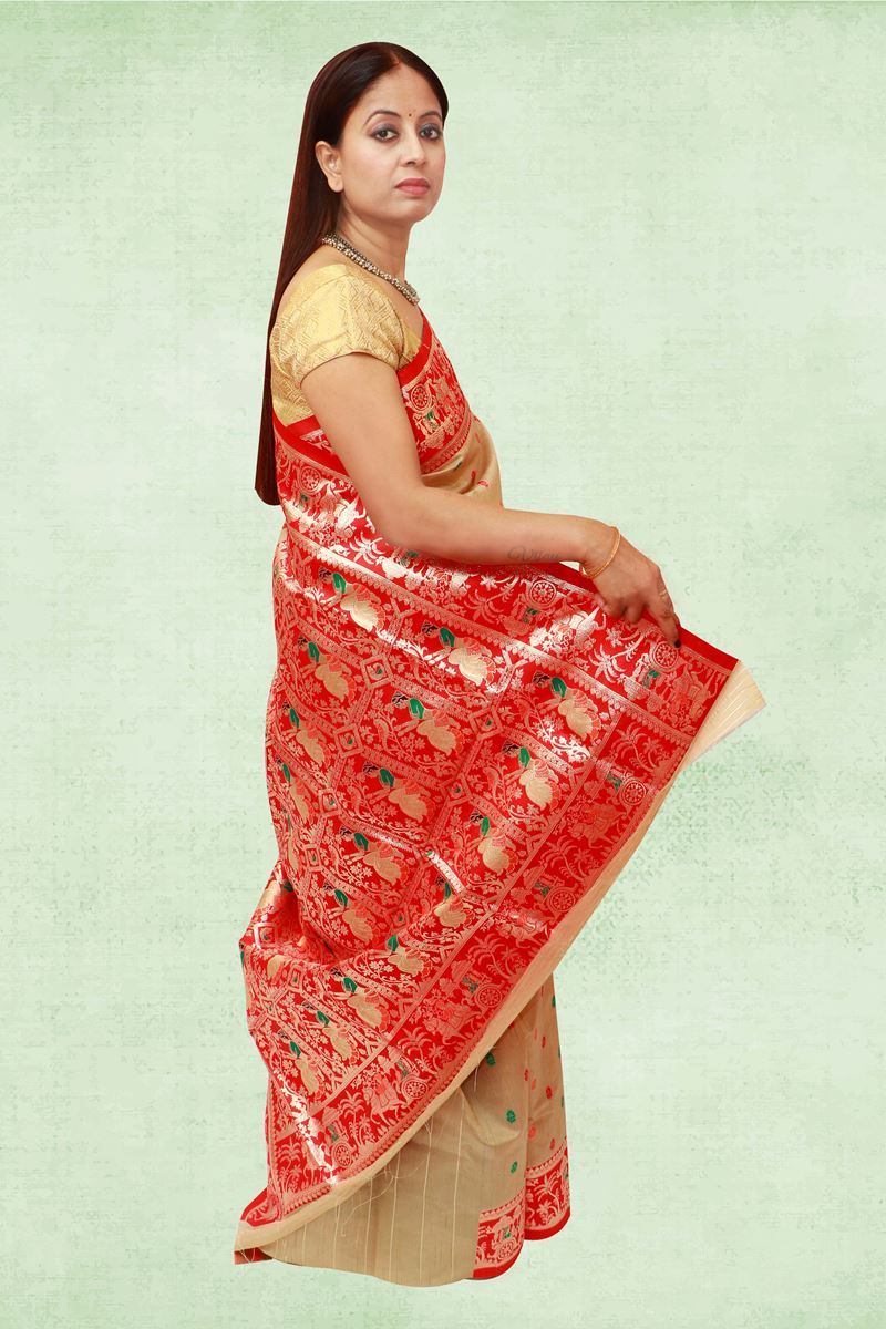 Bihar Khadi. Bihar Khadi Raw Slik Saree in Golden color with Red border ...