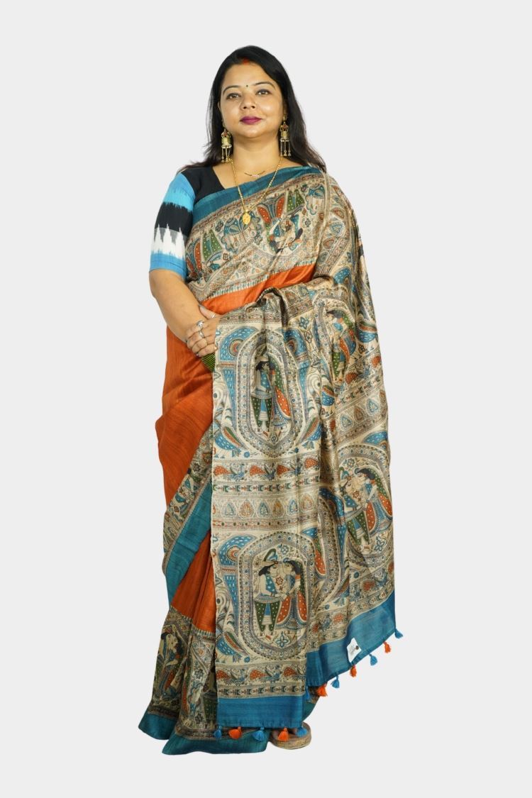 Bihar Khadi. Buy Bihar Khadi Tussar Silk Rustic Red Madhubani Saree Online