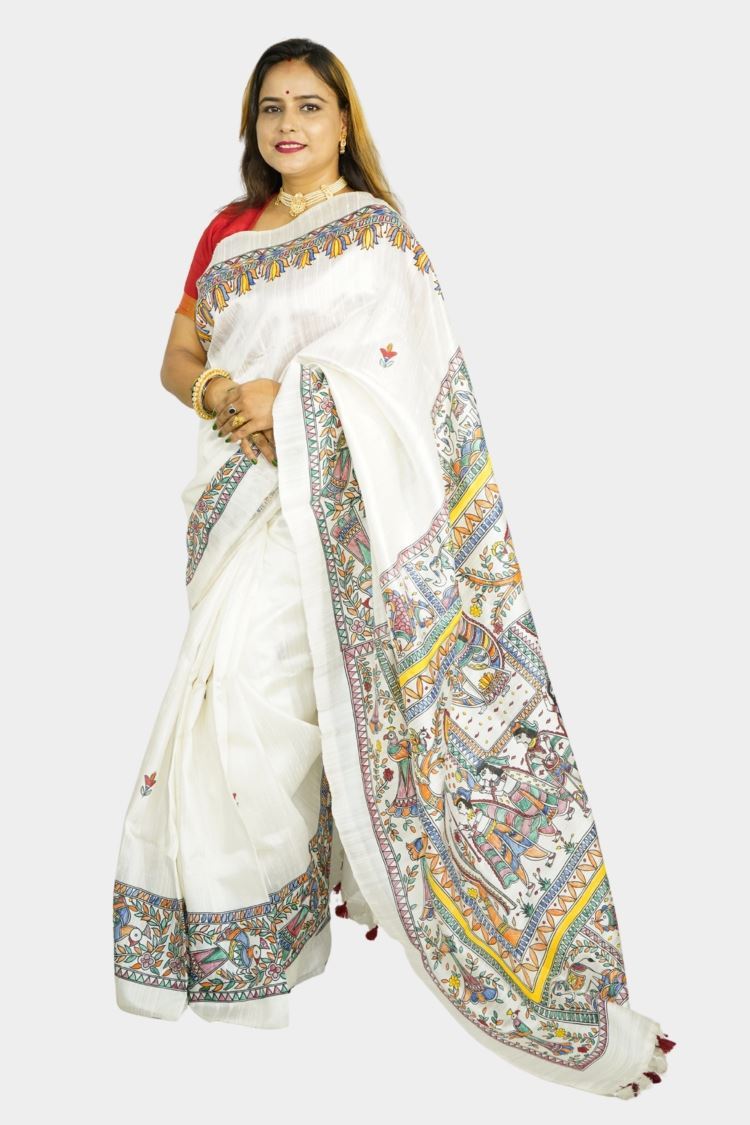 Bihar Khadi. Buy Bihar Khadi Raw Silk White Madhubani Saree Online