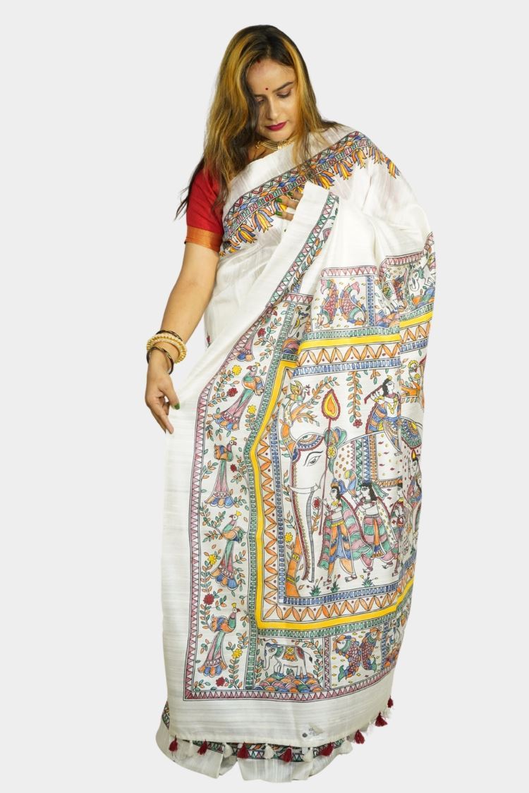 Bihar Khadi. Buy Bihar Khadi Raw Silk White Madhubani Saree Online