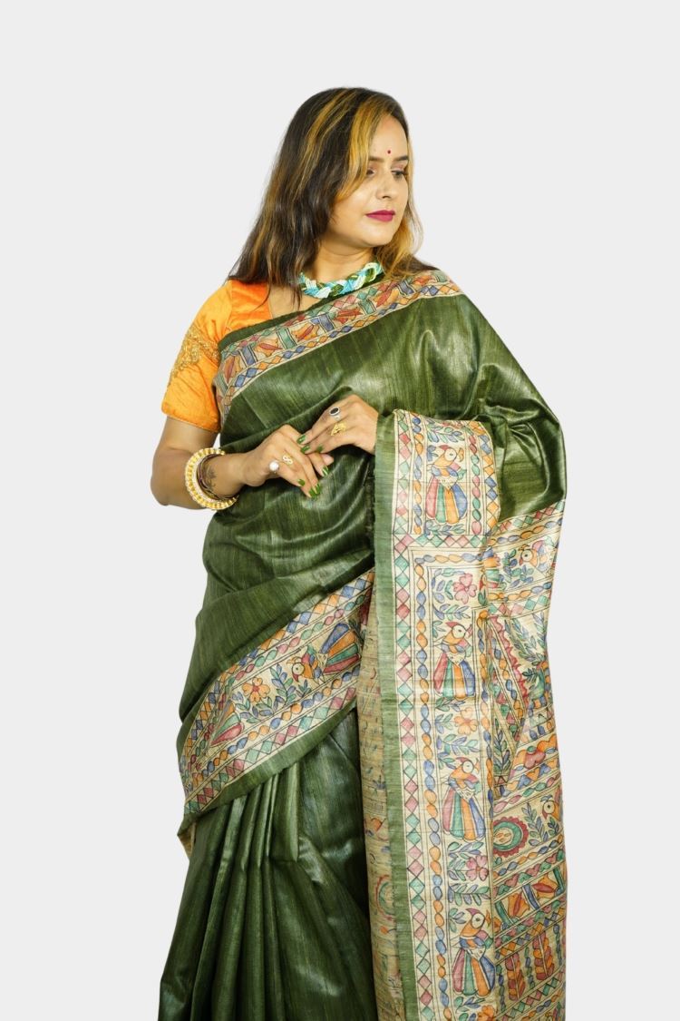 Bihar Khadi. Buy Bihar Khadi Tussar Ghicha Silk Olive Green Madhubani Saree