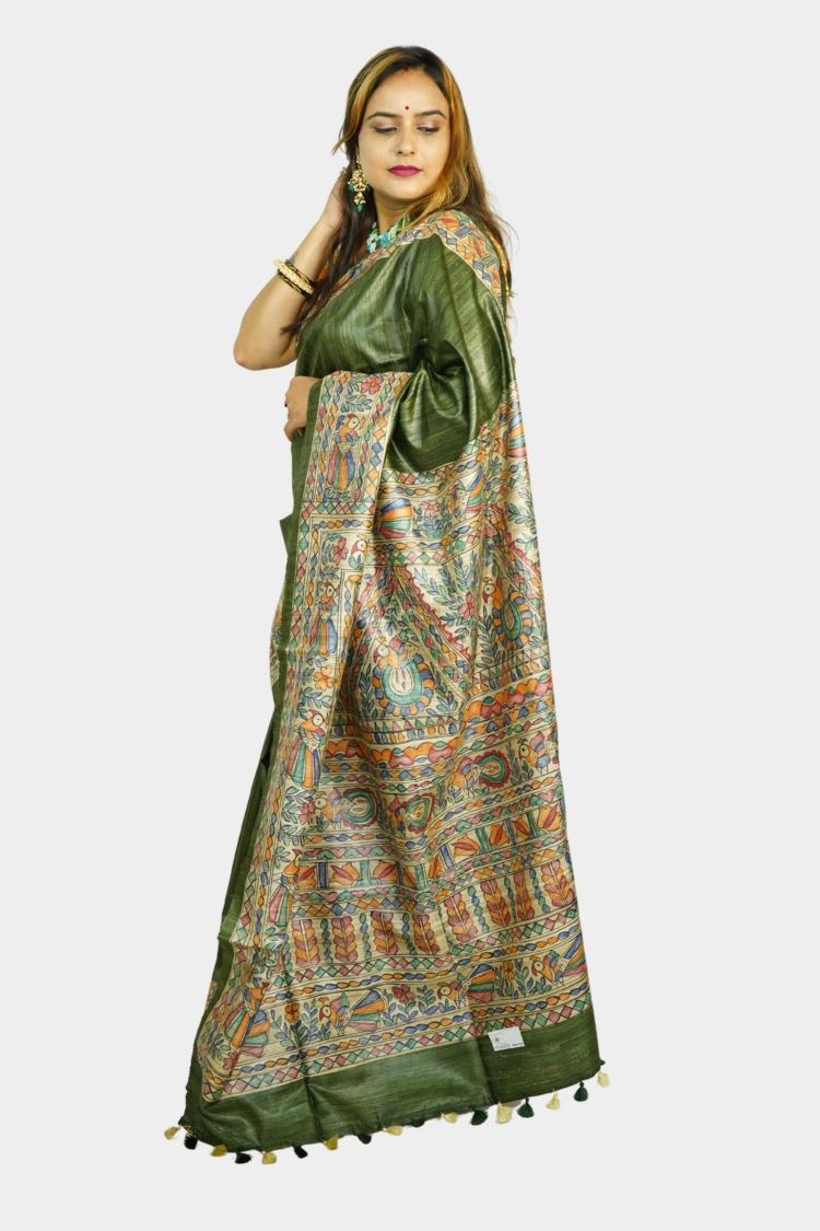 Bihar Khadi. Buy Bihar Khadi Tussar Ghicha Silk Olive Green Madhubani Saree