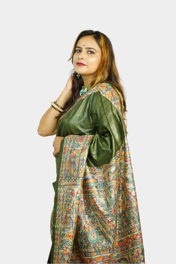 Bihar Khadi. Buy Bihar Khadi Tussar Ghicha Silk Olive Green Madhubani Saree