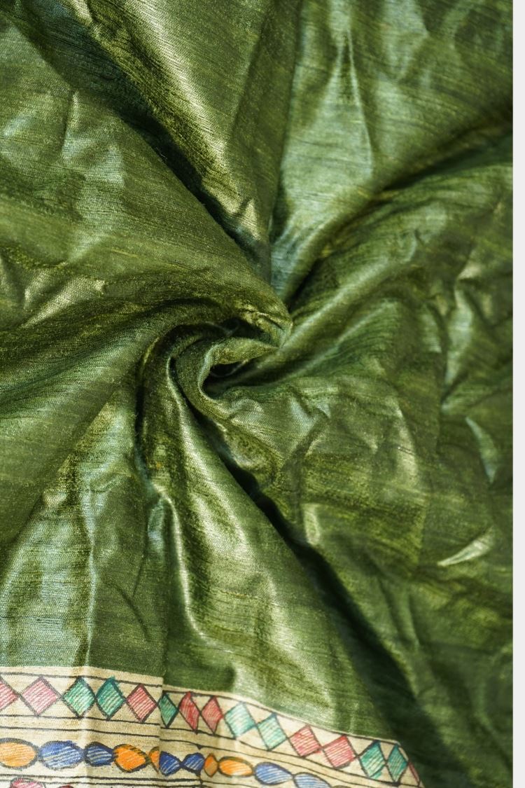 Bihar Khadi. Buy Bihar Khadi Tussar Ghicha Silk Olive Green Madhubani Saree